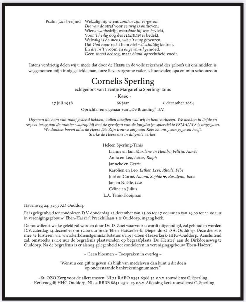 Rouwbrief C. Sperling – De Branding BV